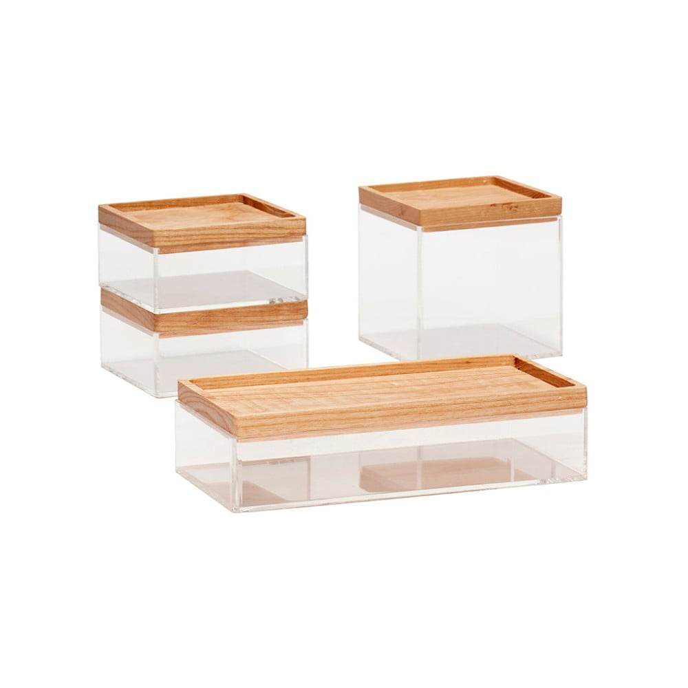 Set 4 cutii transparente de depozitare cu capac din lemn de stejar ...